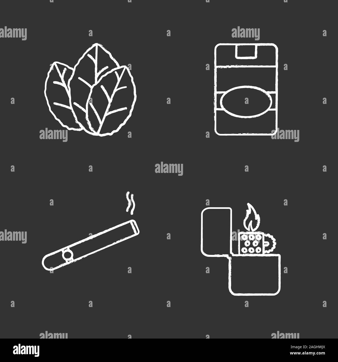 Smoking chalk icons set. Tobacco leaves, flip lighter, burning cigar ...
