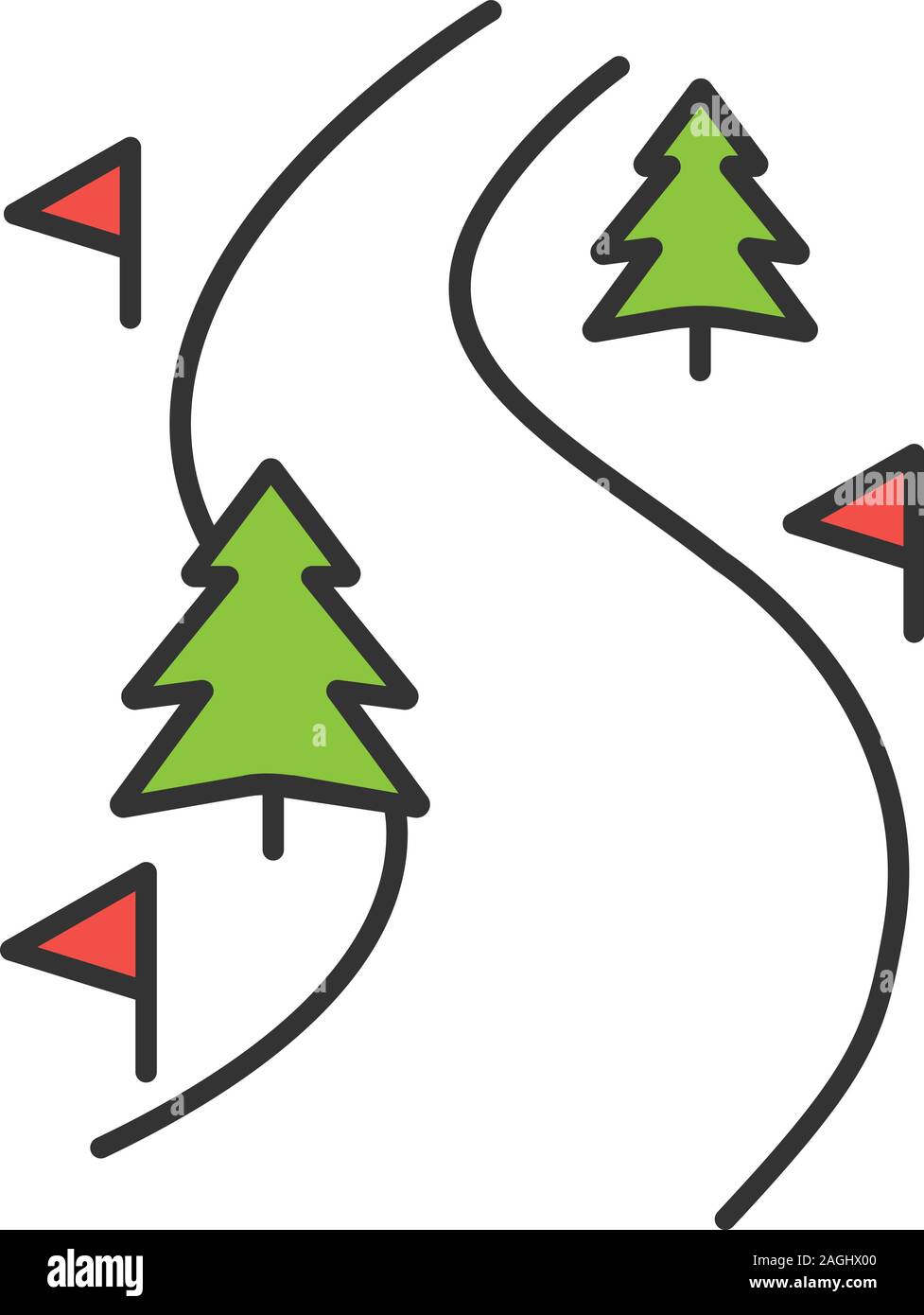 Ski route color icon. Winter forest road. Mountain landscape. Isolated ...