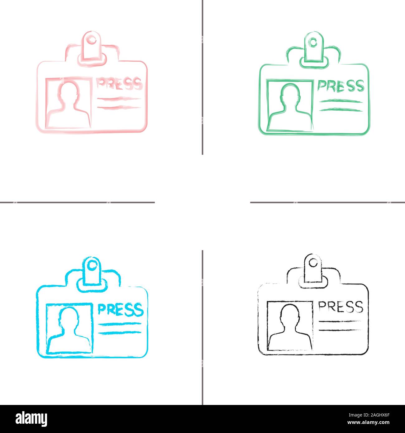 Press ID card hand drawn icons set. Journalist badge. Color brush ...