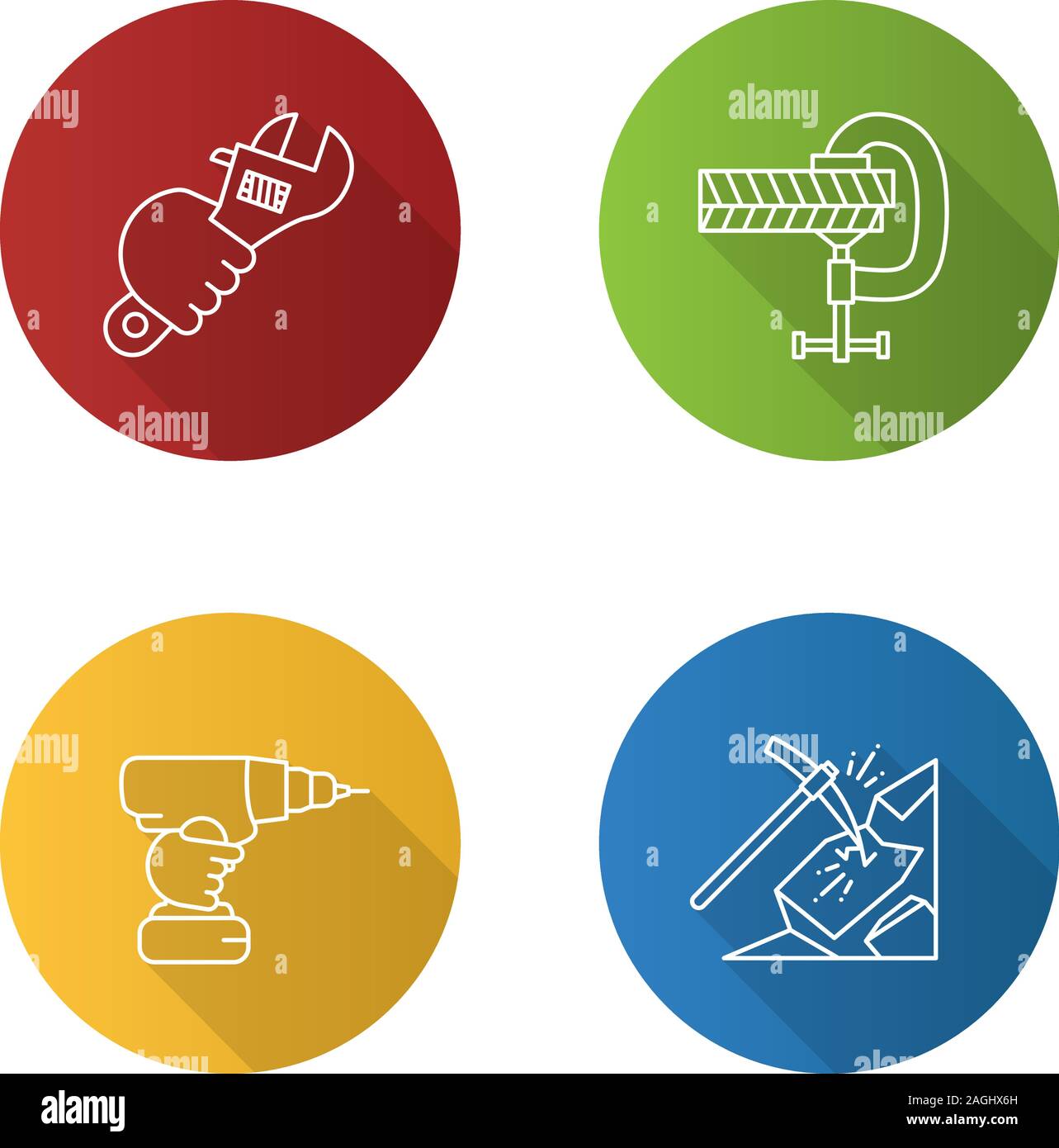 Construction tools flat linear long shadow icons set. Wrench in hand ...