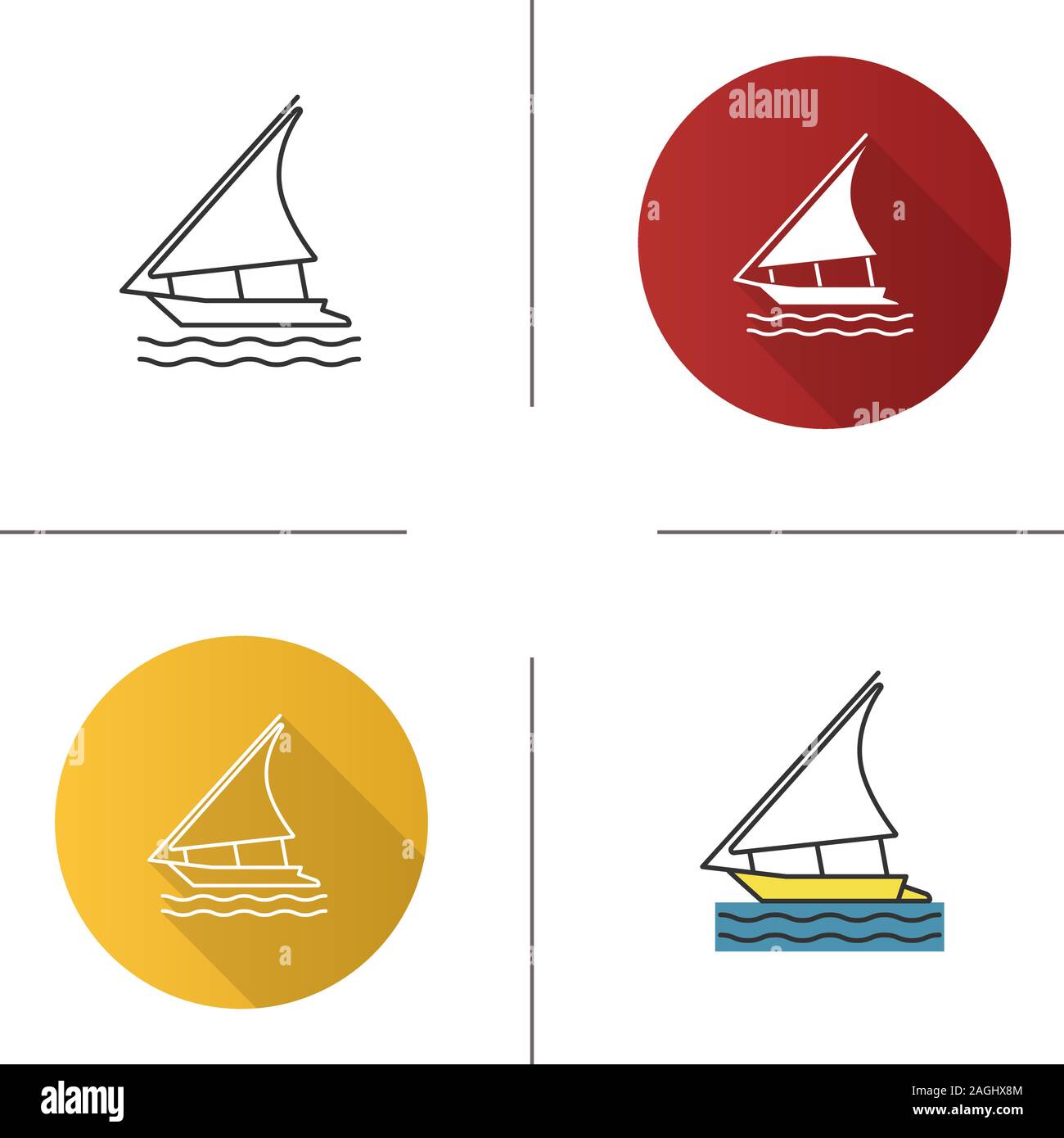 Sailing boat icon. Felucca. Yacht. Flat design, linear and color styles ...