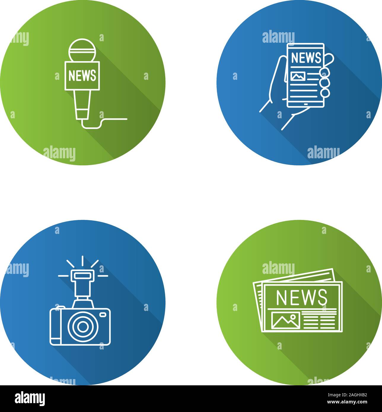 Mass media flat linear long shadow icons set. Press. Microphone, online ...
