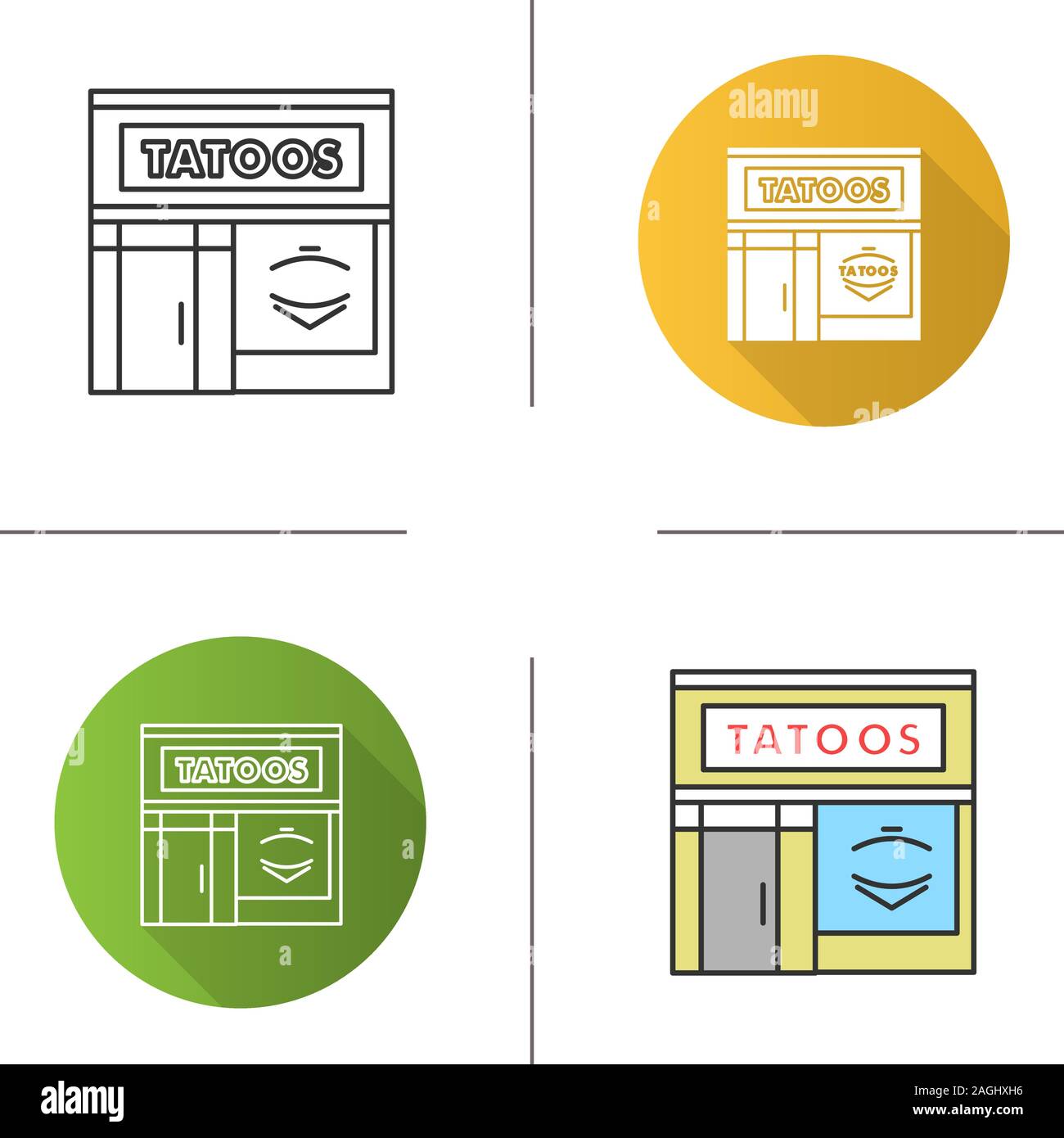 Tattoo studio facade icon. Tattoo parlour exterior. Flat design, linear ...