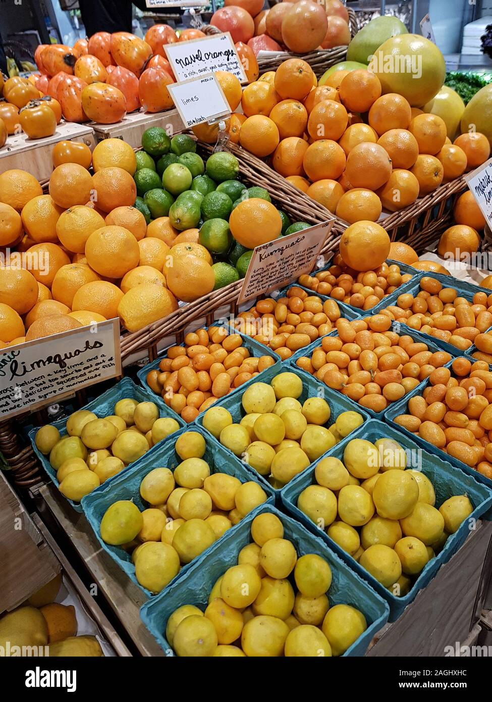 USA, Boston - January 2018 - Trays of citrus fruit, oranges, lemons ...