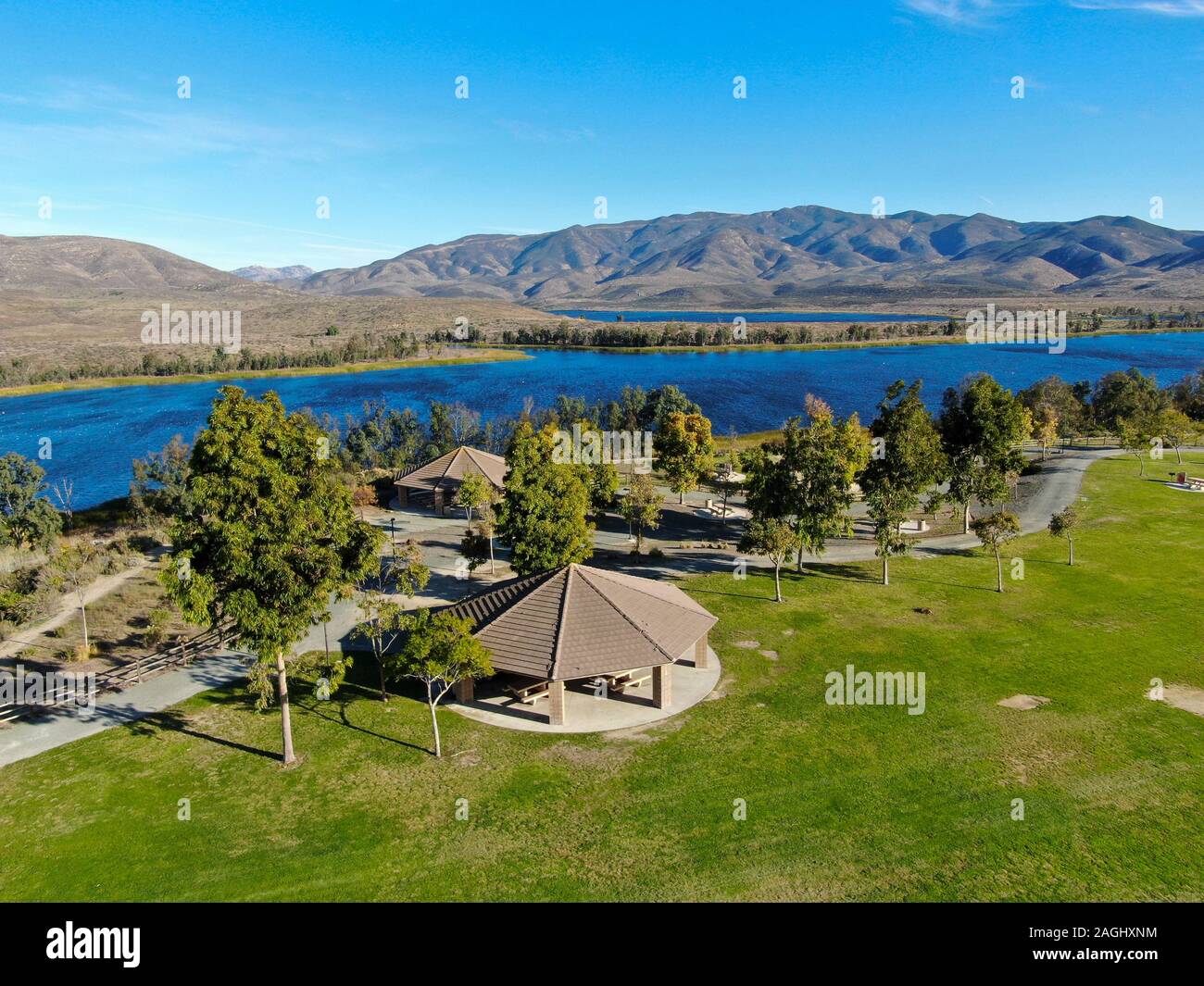 Aerial view of little park in front of Otay Lake City Reservoir with ...