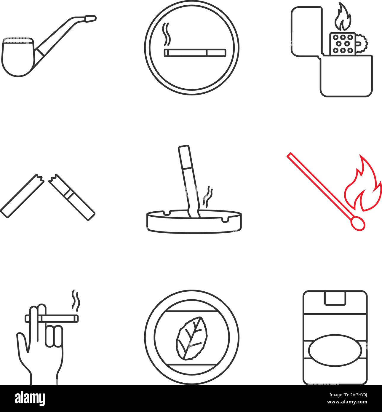 Smoking linear icons set. Tobacco leaf, pipe, smoking, lighter, broken ...