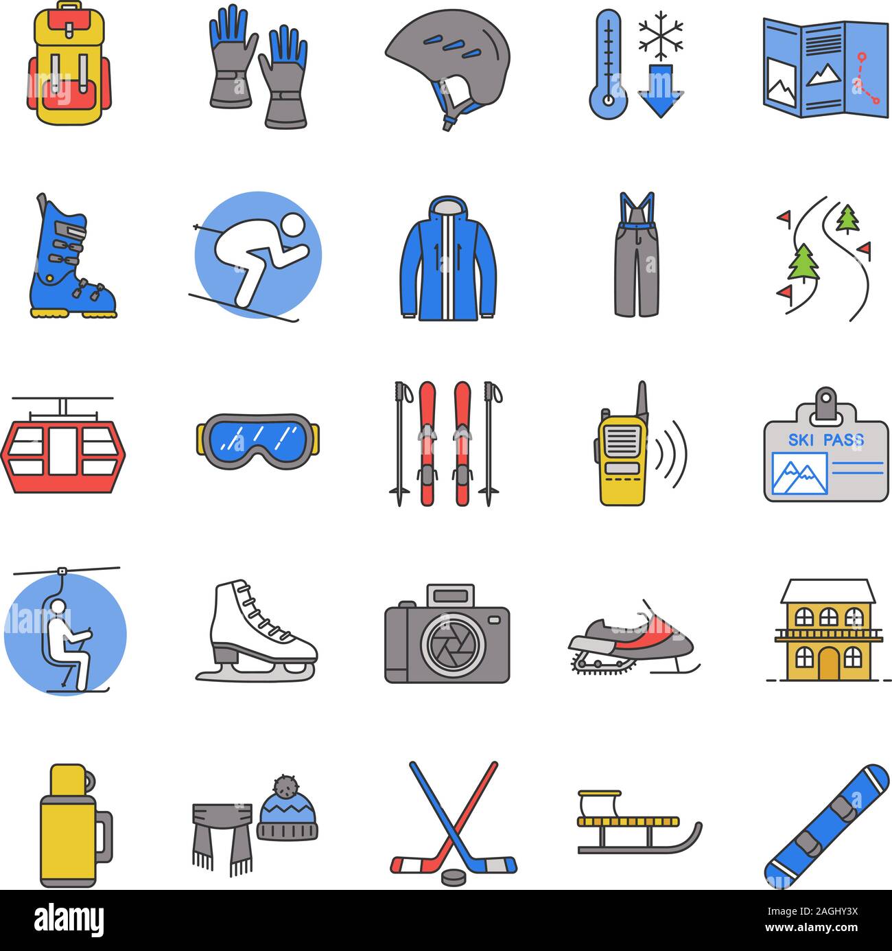 Winter activities color icons set. Skiing, skating, snowboarding. Sport ...