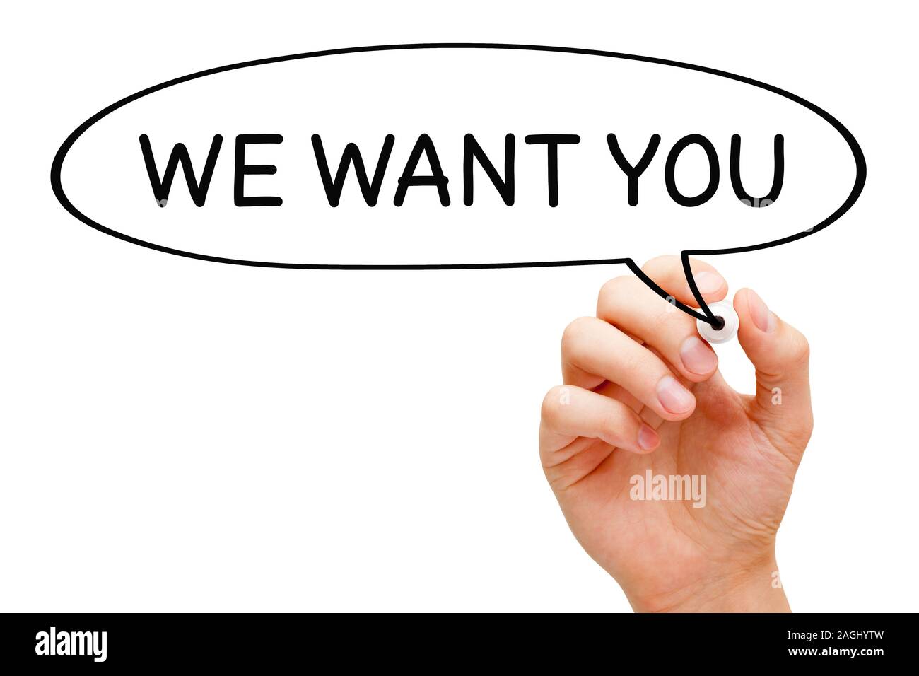 Hand writing text We Want You in a speech bubble with black marker. New ...