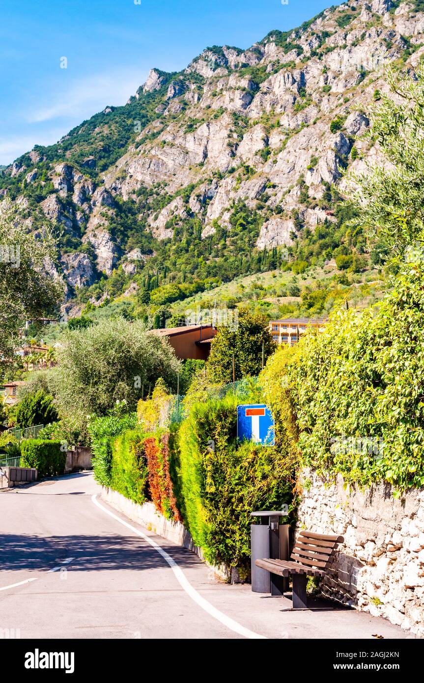 Sideway of a road with wooden bench, dead end road sign, shaped hedge ...