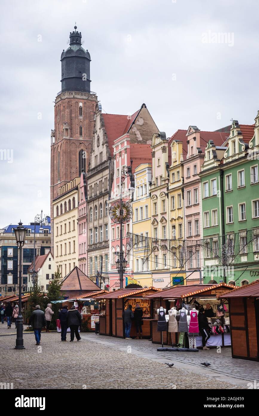 Stands on a traditional Christmas market on the Old Town of Wroclaw in ...