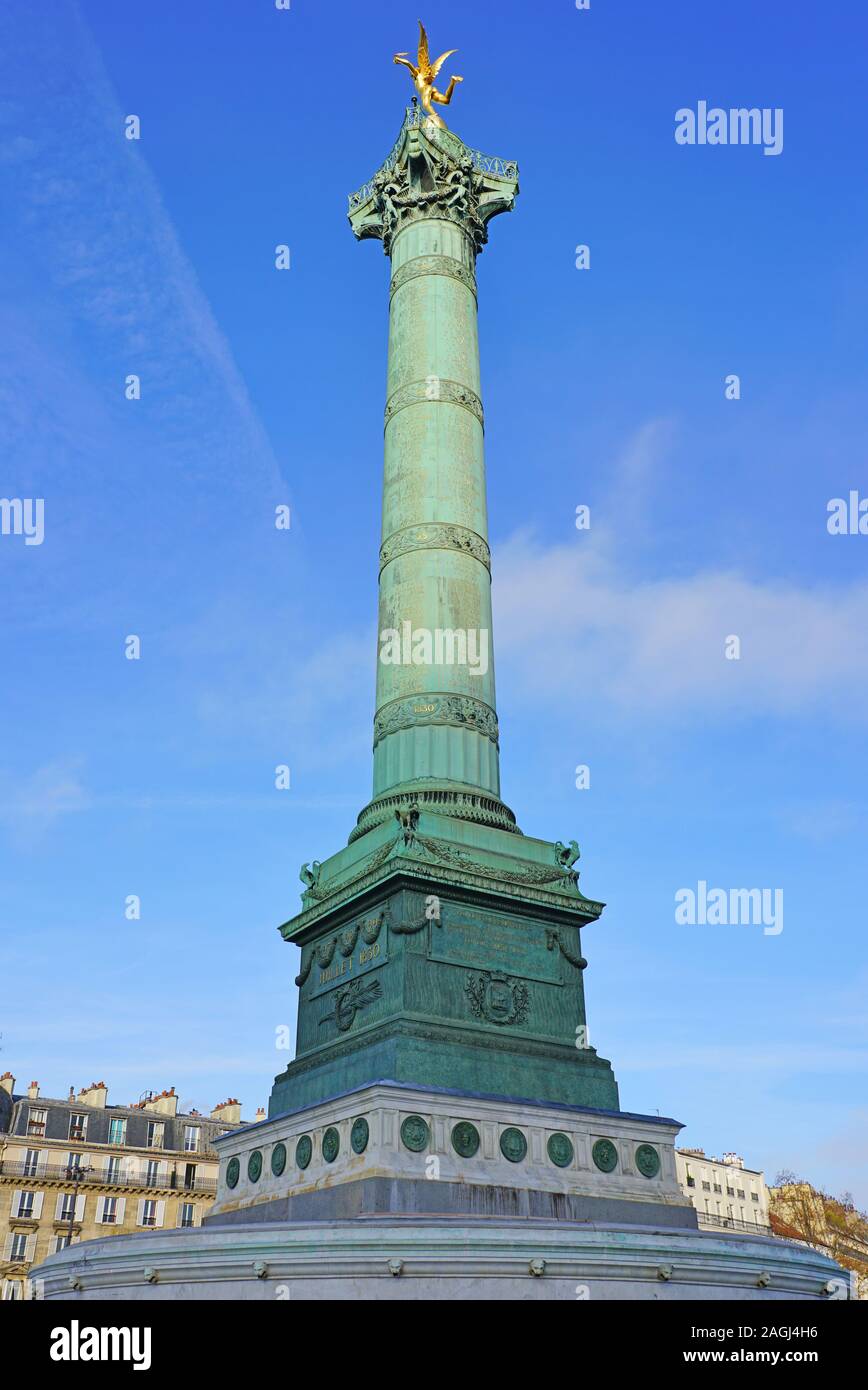 PARIS, FRANCE -18 DEC 2019- View of the green blue bronze July Column ...