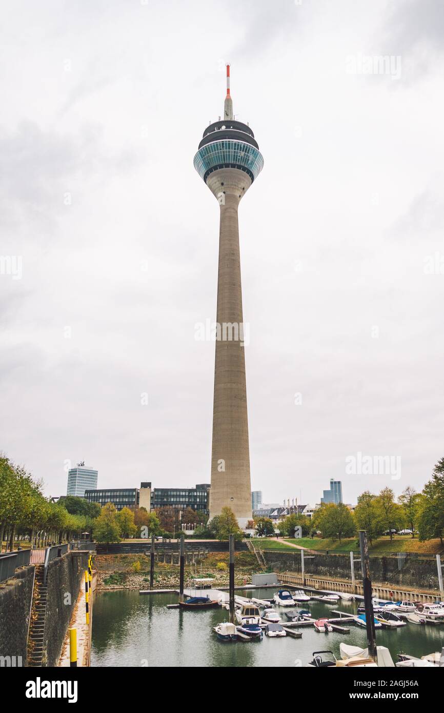 25 October 2018 Germany, Dusseldorf. TV tower, sightseeing in the city ...