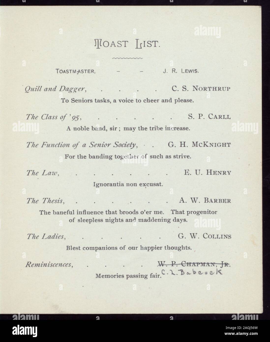 TOAST LIST INDICATES THIS IS A COLLEGE REUNION; MENU [held by] QUILL ...