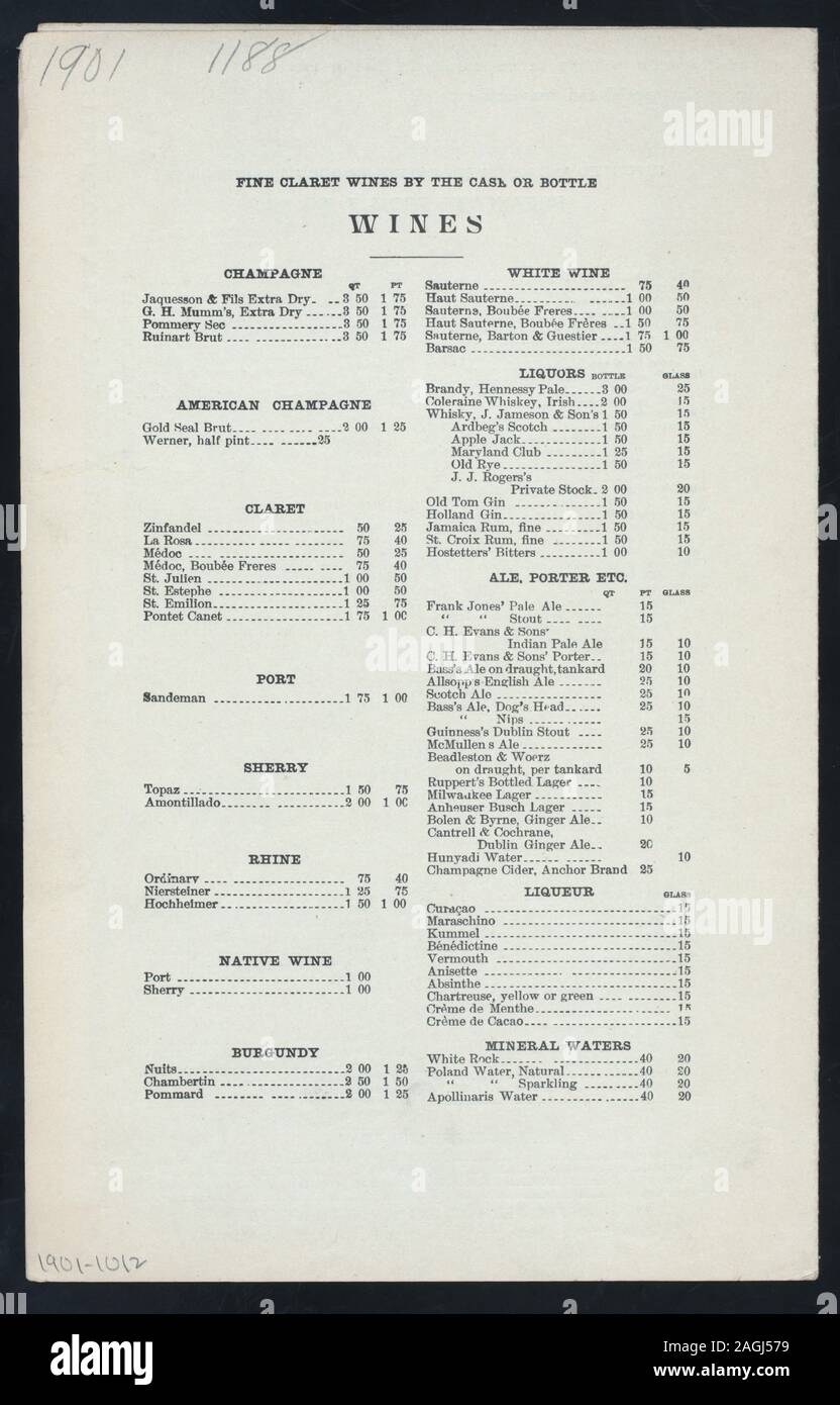 A LA CARTE PRICED MENU; INCLUDES PRICED WINE & LIQUOR LIST; MENU [held ...