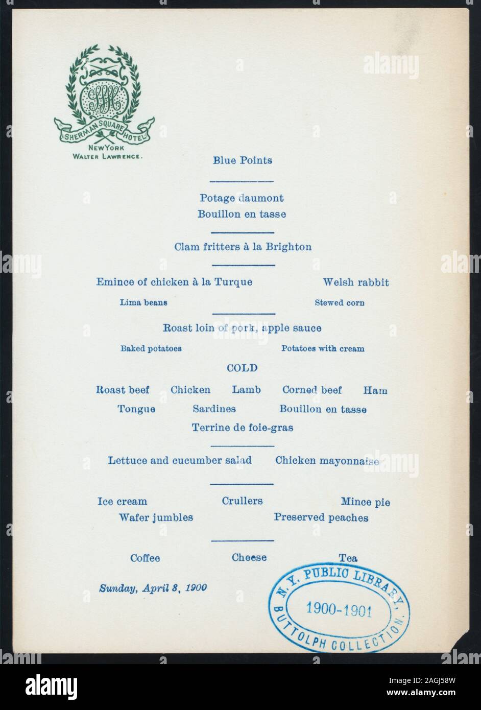 TABLE D'HOTE MENU; HOTEL SEAL AT TOP OF MENU 1900-2723; MENU [held by ...
