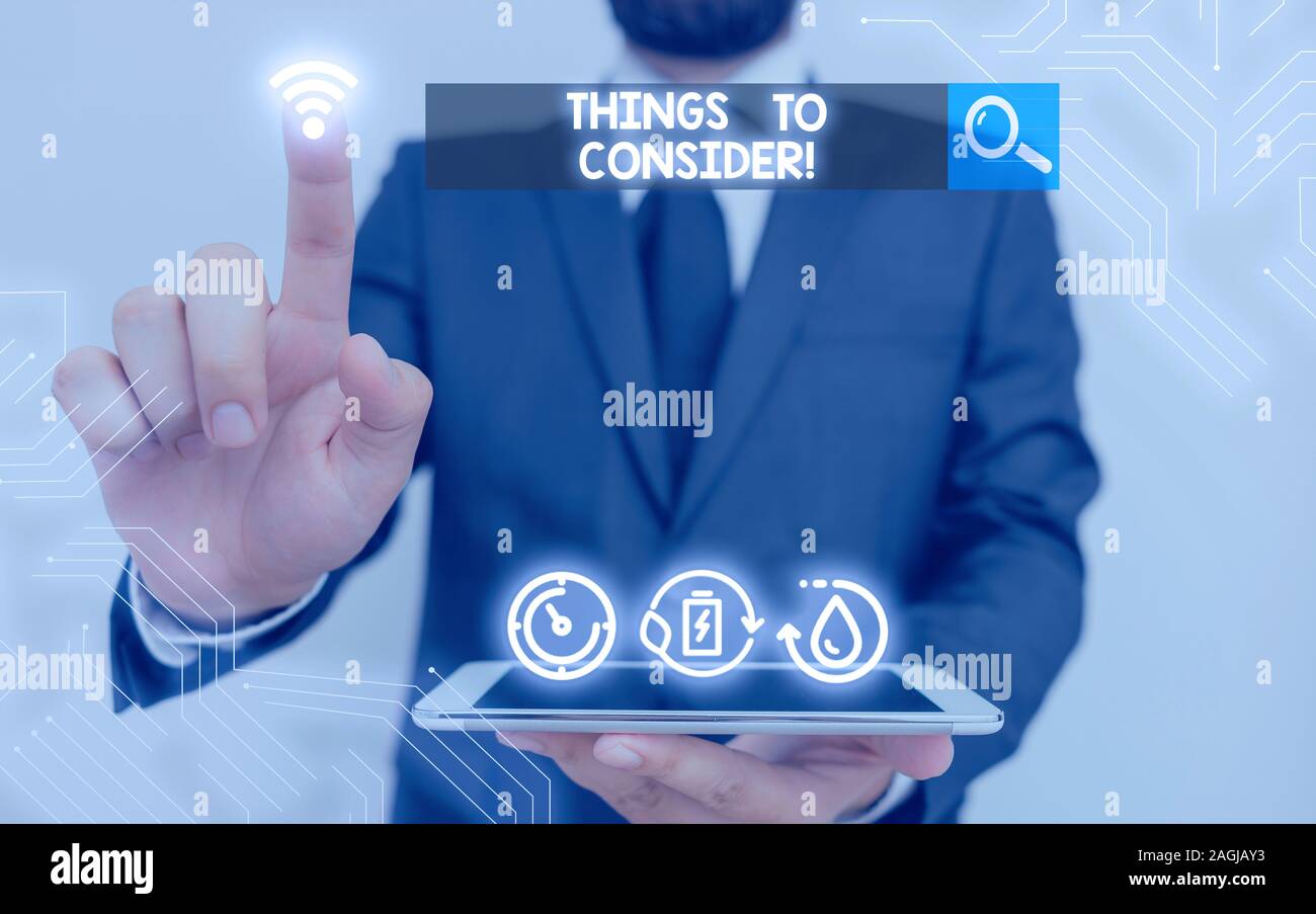 Writing note showing Things To Consider. Business concept for think ...