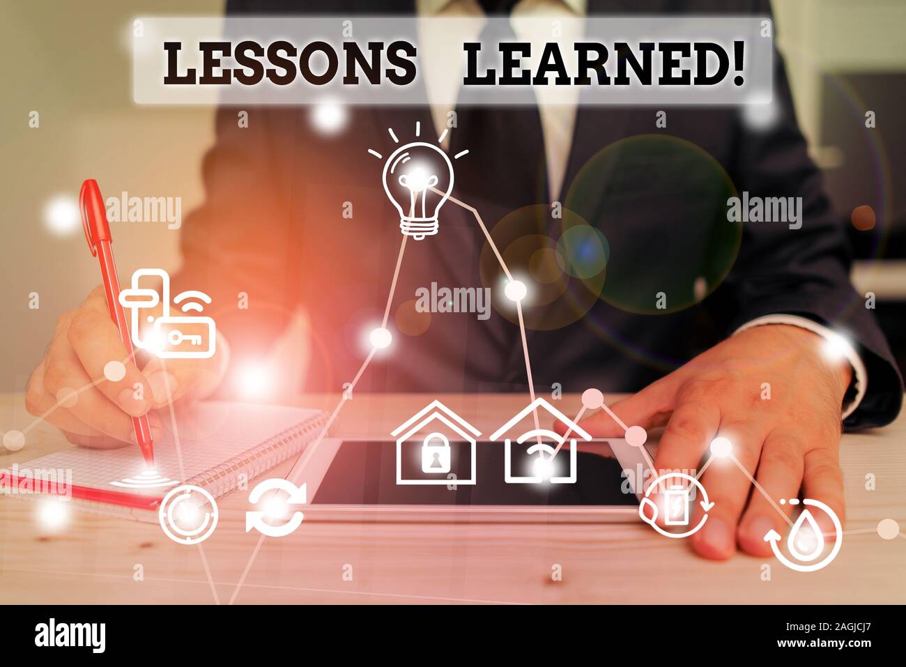 Writing note showing Lessons Learned. Business concept for experiences distilled project that ...