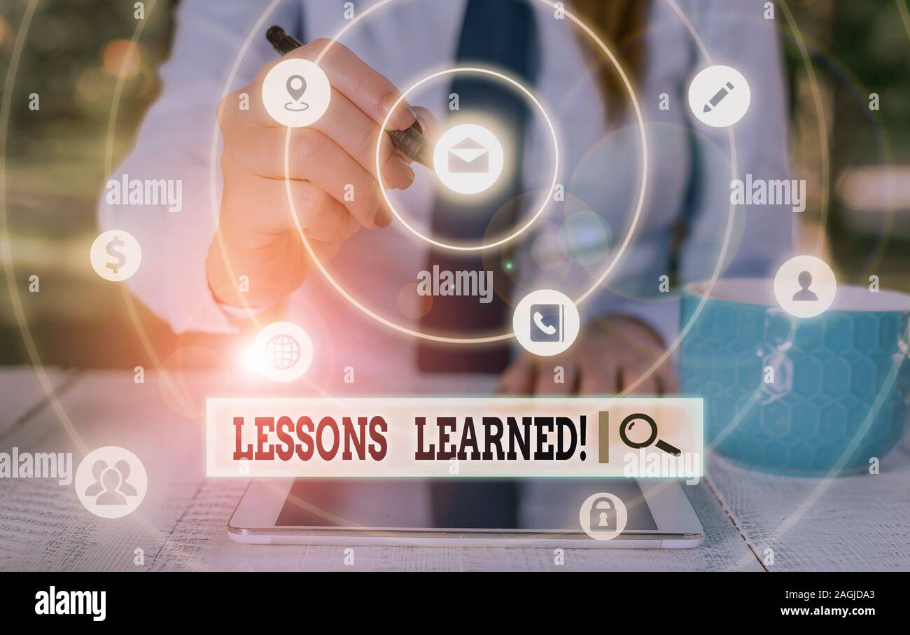Word writing text Lessons Learned. Business photo showcasing experiences distilled project that ...