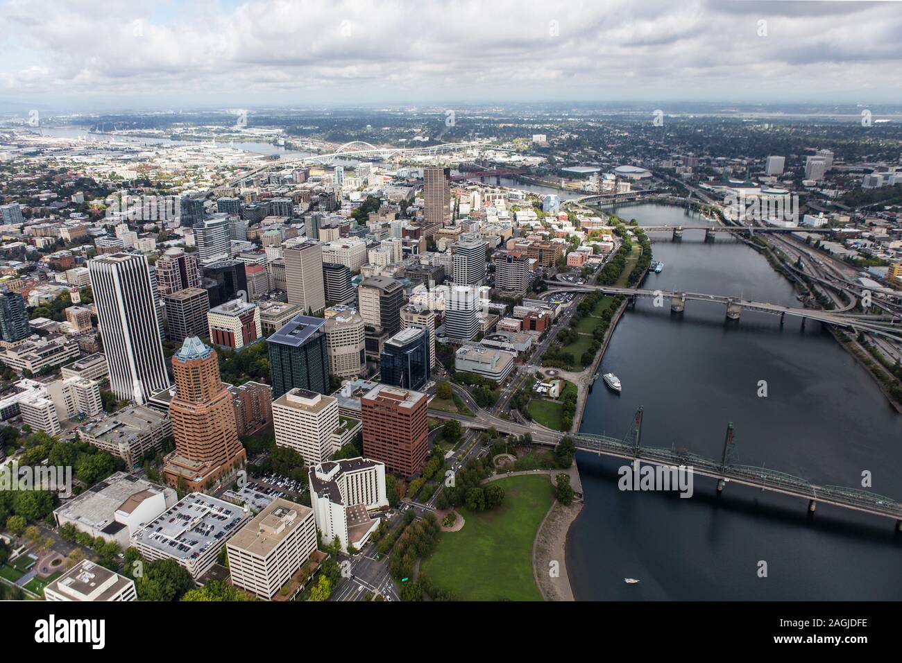 Aerial view of the Williamette River, buildings, bridges and streets in ...