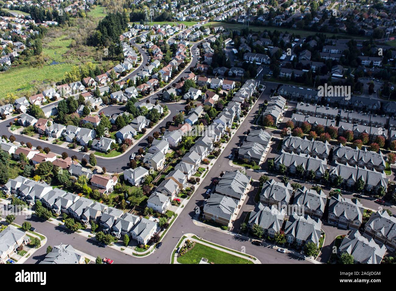 Aerial view of the suburban streets and homes near Portland, Oregon ...
