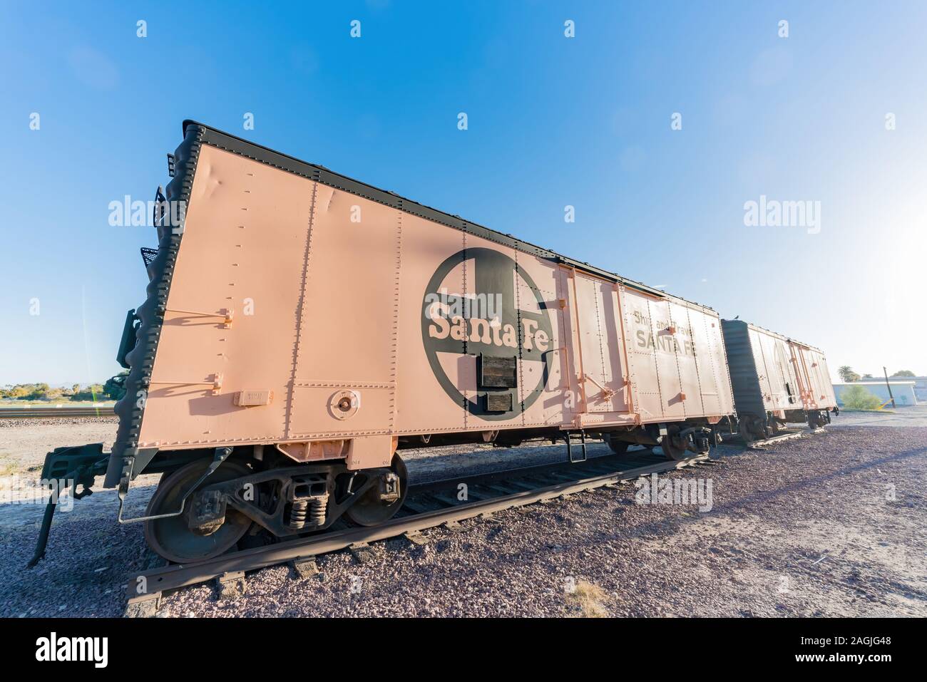 Morning view of an old ancient Santa Fe Train at Arizona Stock Photo ...