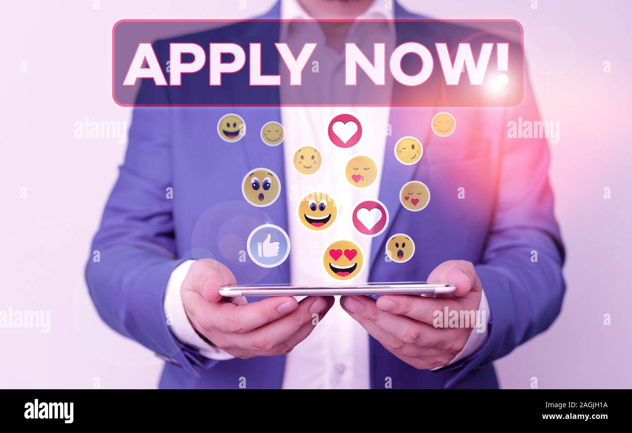 Text sign showing Apply Now. Business photo showcasing request ...