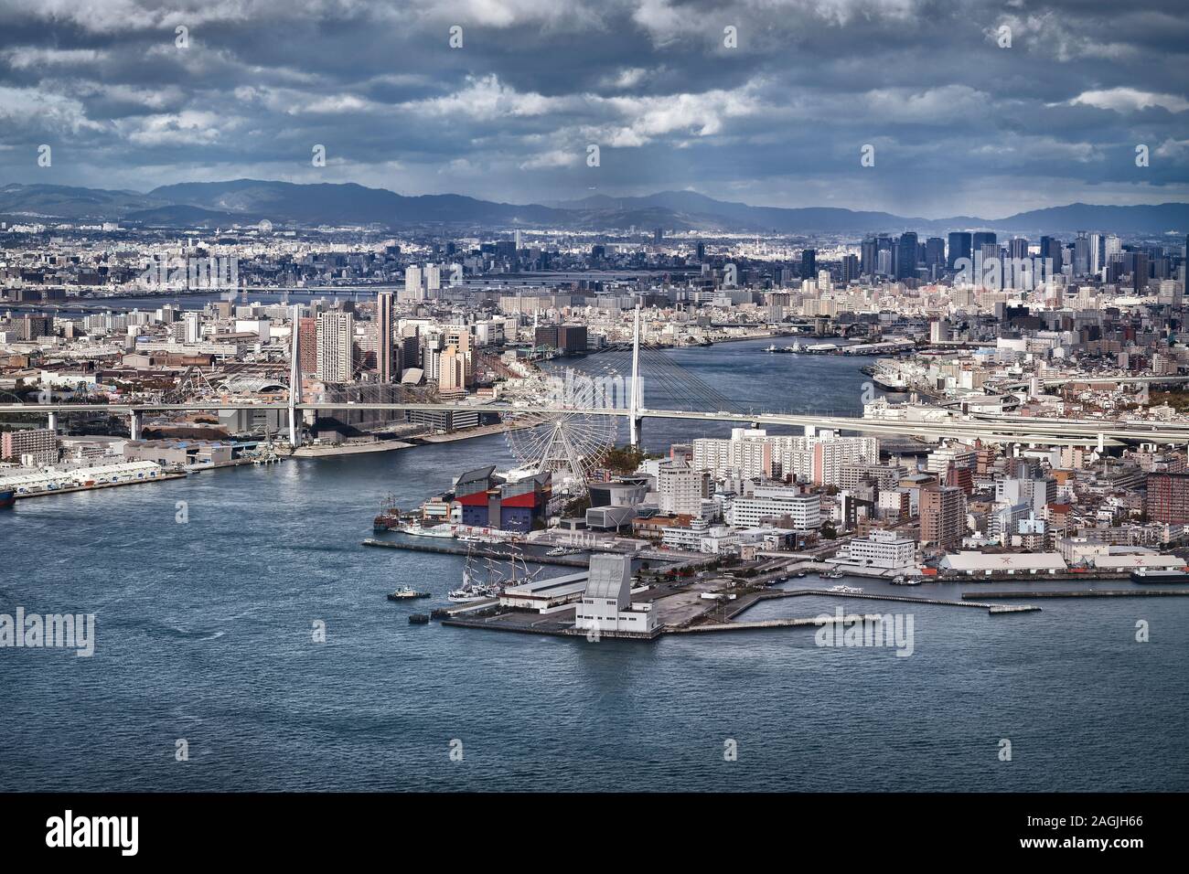 Tempozan bridge over Ajigawa, Aji river. Osaka city aerial scenery ...