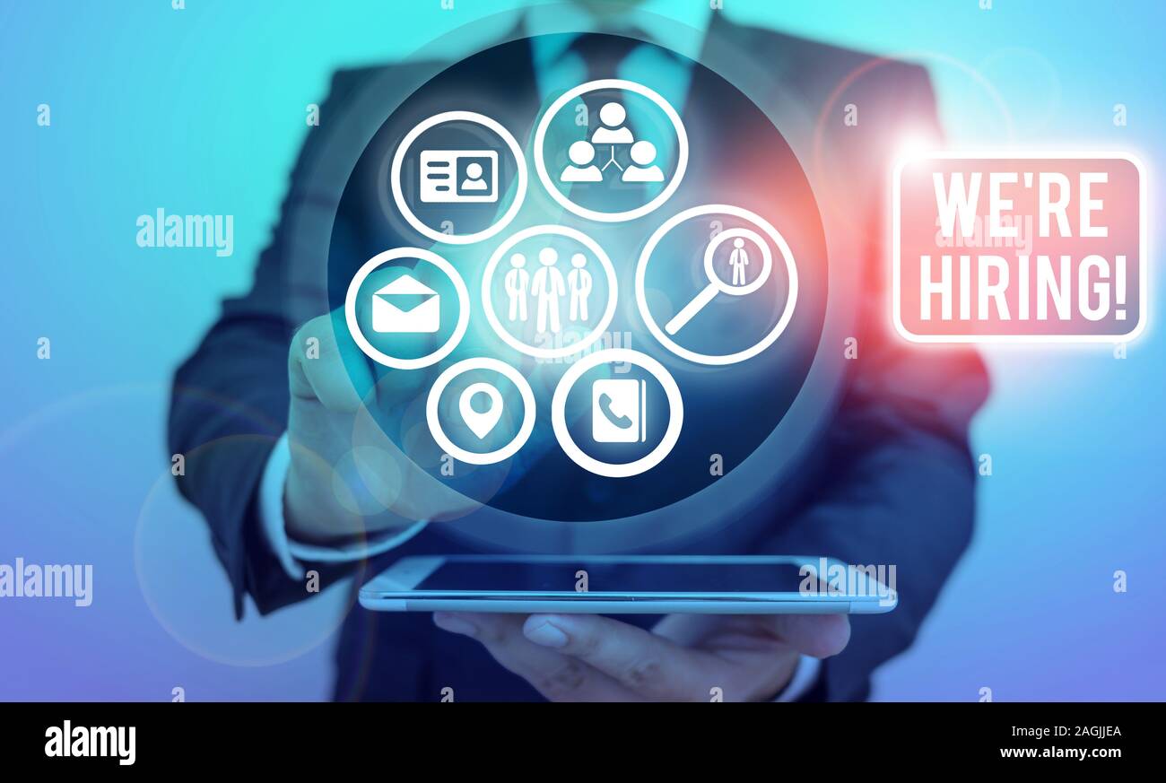 Text sign showing We Re Hiring. Business photo showcasing recently ...