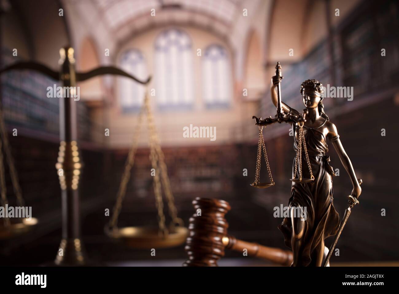 Law and justice theme,Themis statue, judge's gavel and the scale on ...