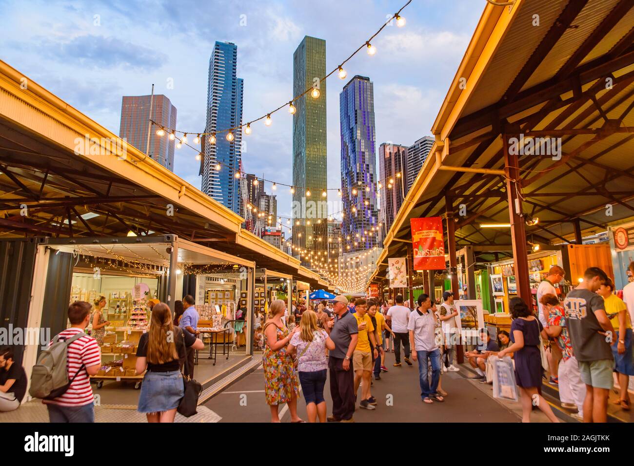Queen Victoria Night Market for summer with skyscrapers at background ...