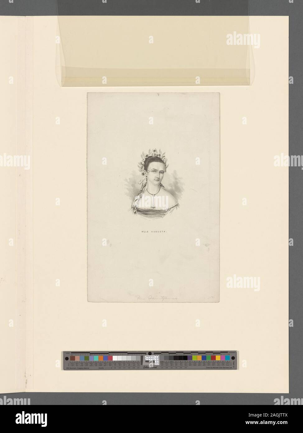 Bust portrait to front; flowers and ribbons in hair. Wearing a necklace ...