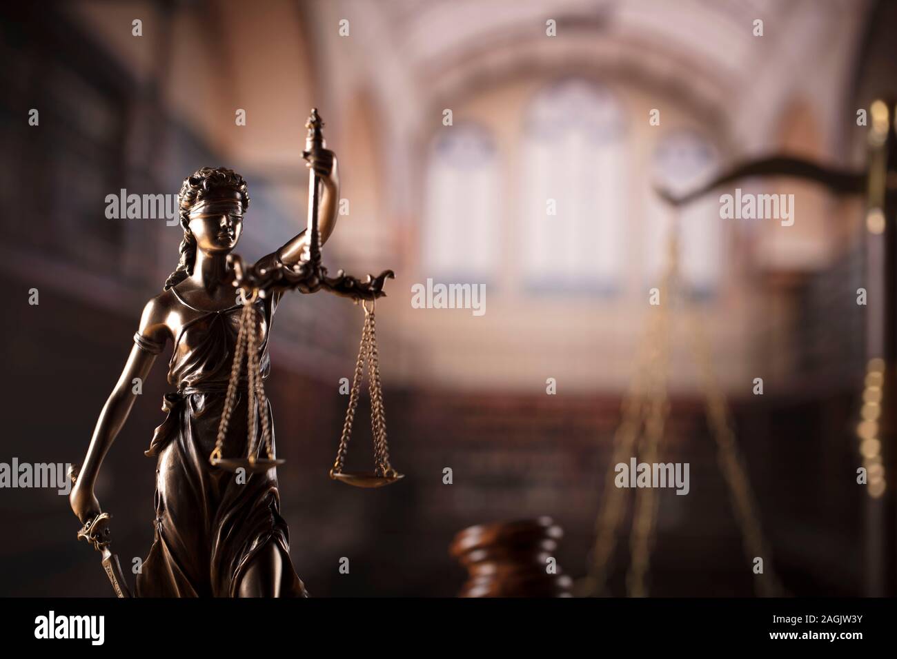 Judge concept. Gavel of the judge, scale of justice and Themis statue ...