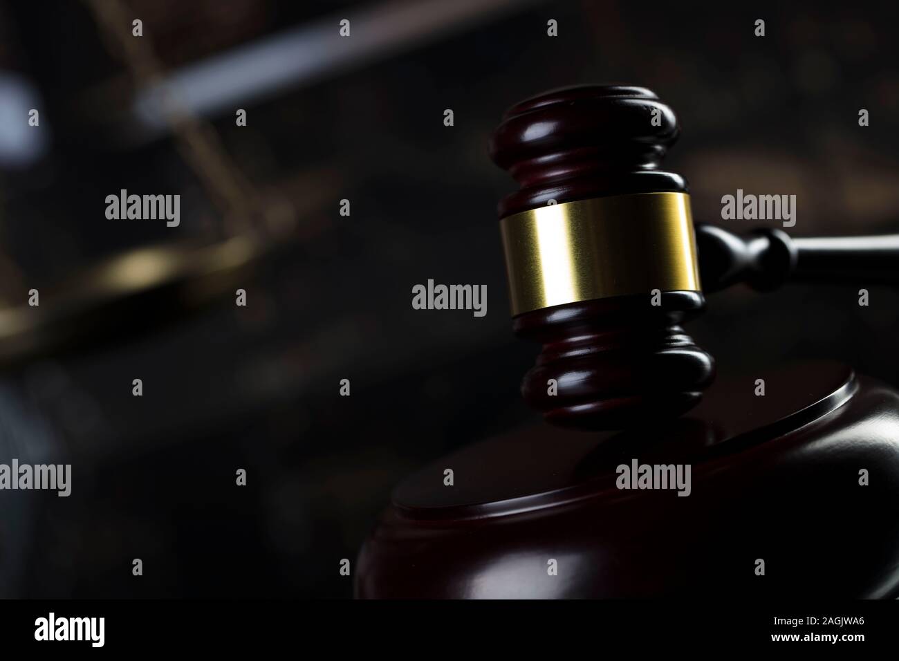 Law and justice theme. Gavel of the judge on court library background ...