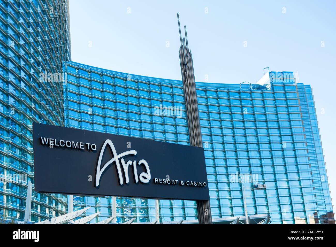 Welcome to Aria resort and casino sign at the entrance to the hotel ...