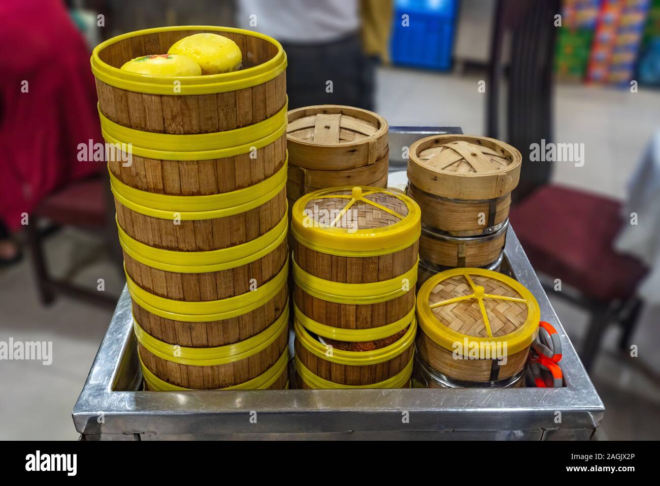 Chinese bamboo dimsum steamer boxes in Asian restaurant Stock Photo - Alamy