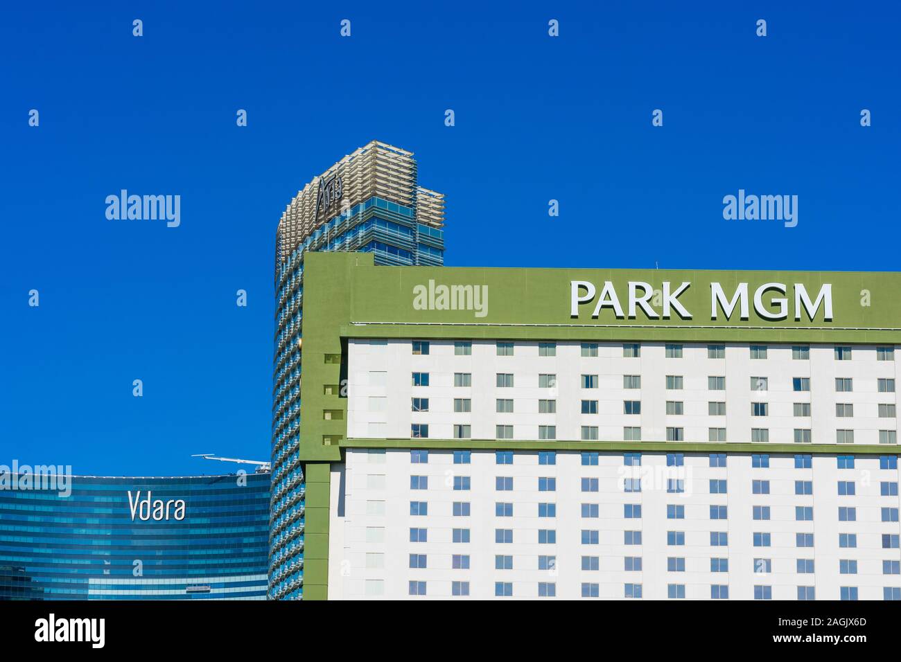 View of high rise luxury hotel towers on the Las Vegas Strip: MGM Park ...