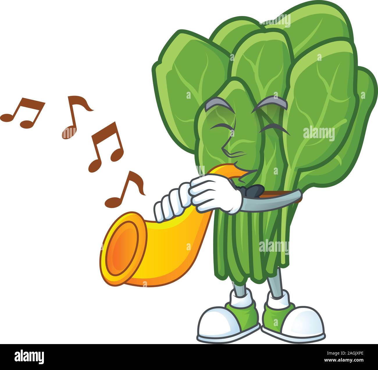 Cheerful spinach cartoon character performance with trumpet Stock ...