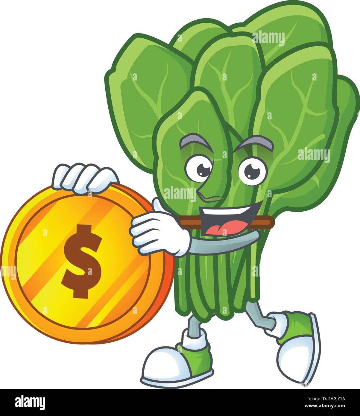happy face spinach cartoon character with gold coin Stock Vector Image ...