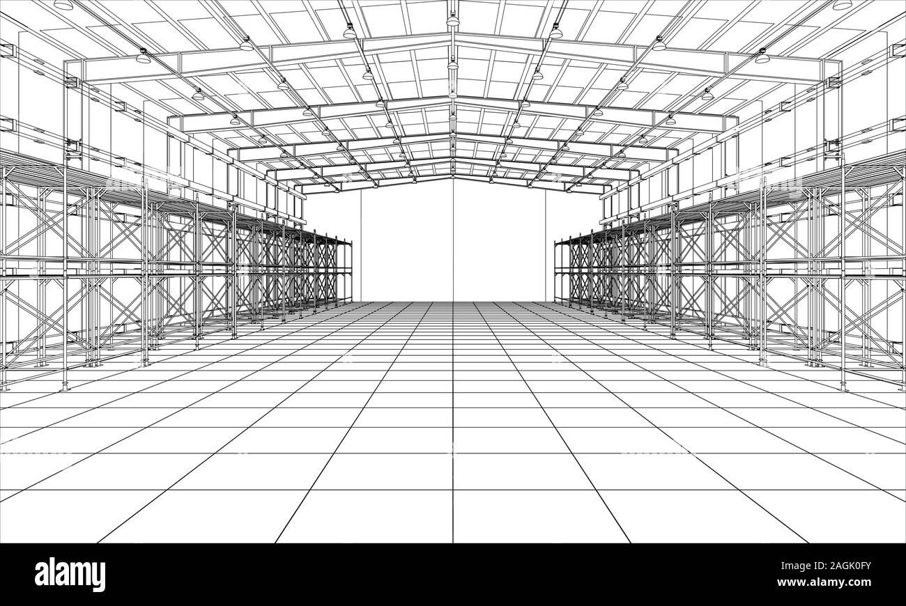Drawing or sketch of a large warehouse with shelves. Vector obtained ...