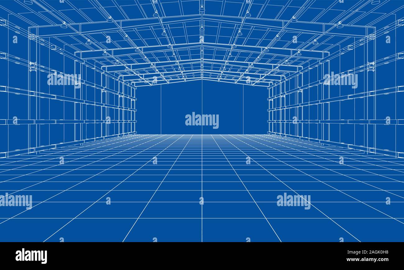 Drawing or sketch of a large warehouse. Vector obtained from 3D ...