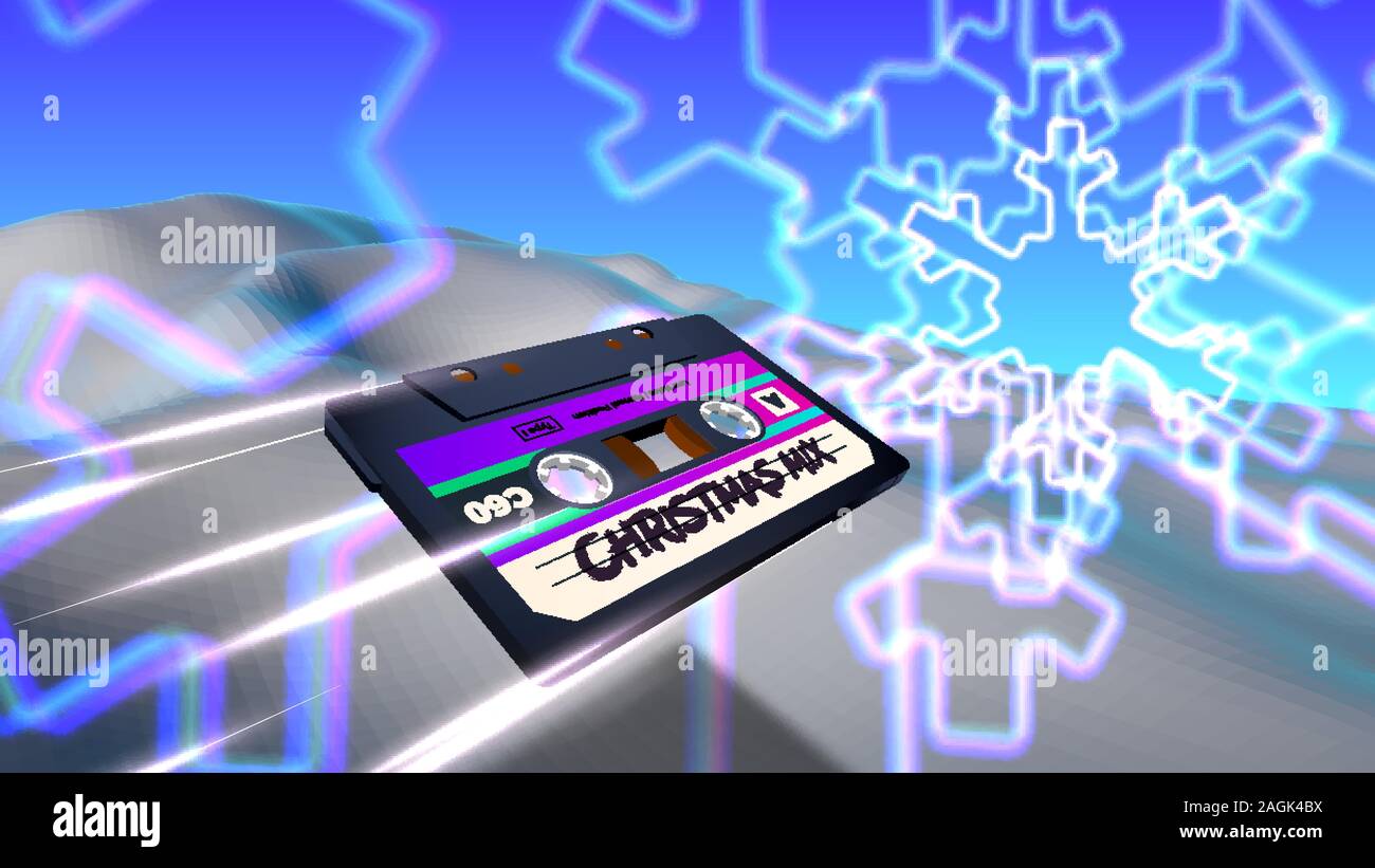 Christmas holiday mix cassette flying with neon snowflake in 80s ...