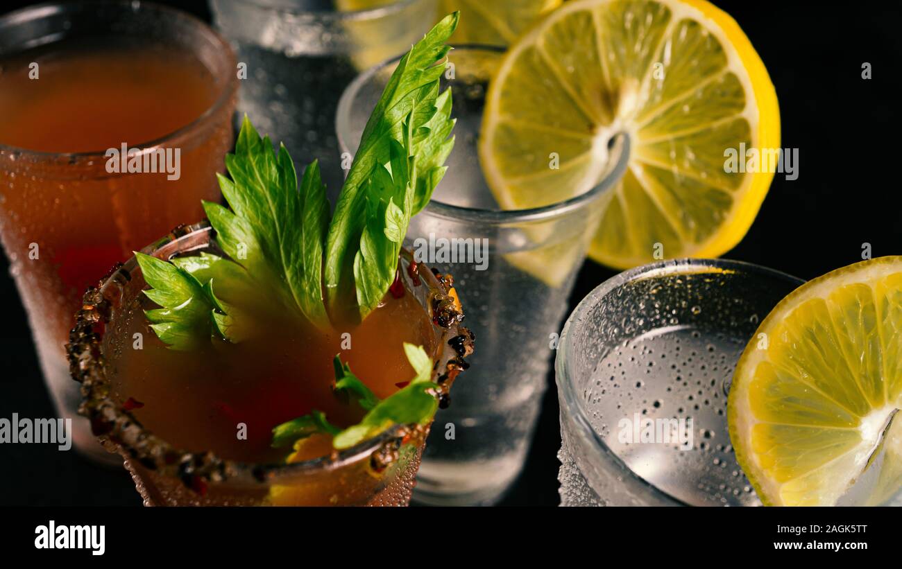 Bloody Mary and various alcoholic cocktails. Party, bar Stock Photo - Alamy
