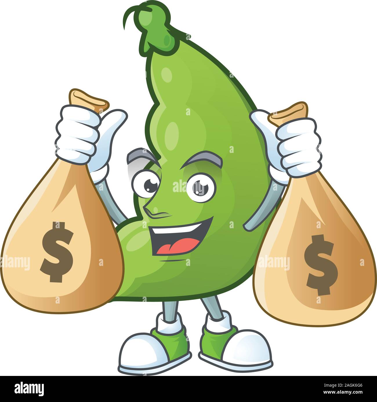 Happy broad beans cartoon character with two money bags Stock Vector ...