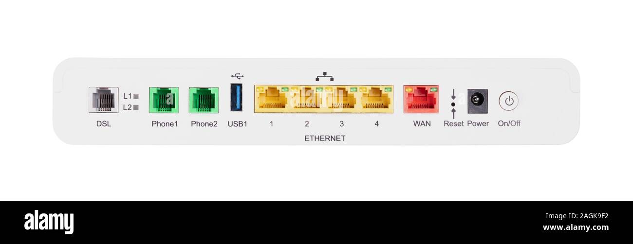 Desktop Home ADSL modem on a white background back view, selective ...
