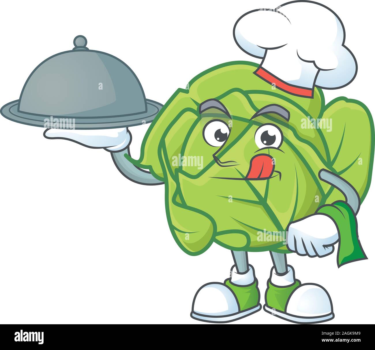Cute cabbage as a Chef with hat and tray cartoon style design Stock ...