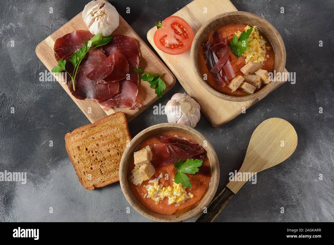 Traditional Spanish andalusian tomato cream soup Salmorejo served with ...