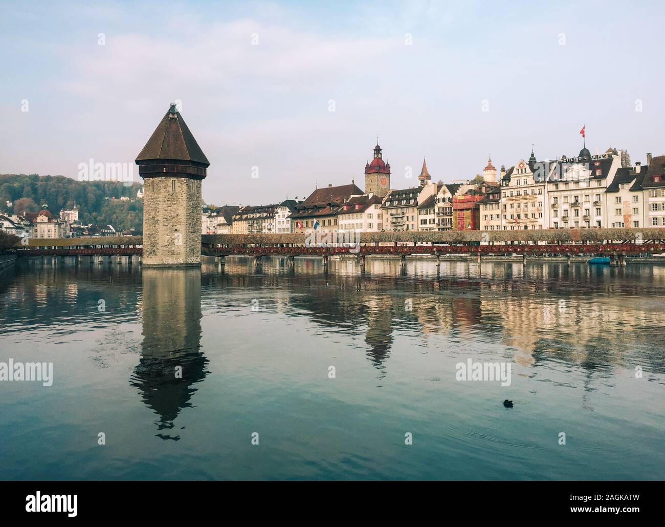 Scenery of Chapel Bridge in Lucerne, Switzerland. The bridge is unique ...