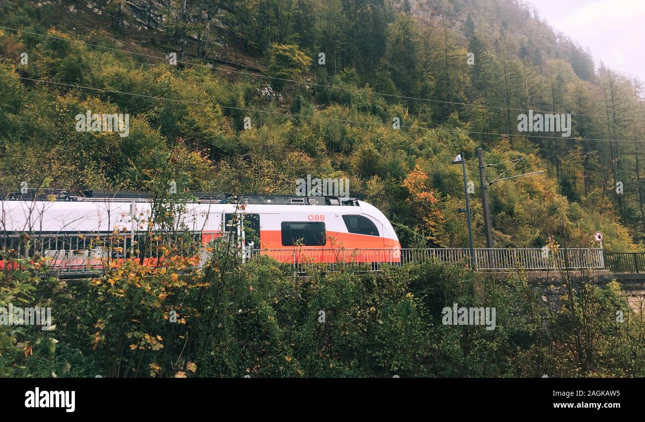 Hallstatt, Austria - Oct 24, 2018. Touristic train running in Hallstatt ...