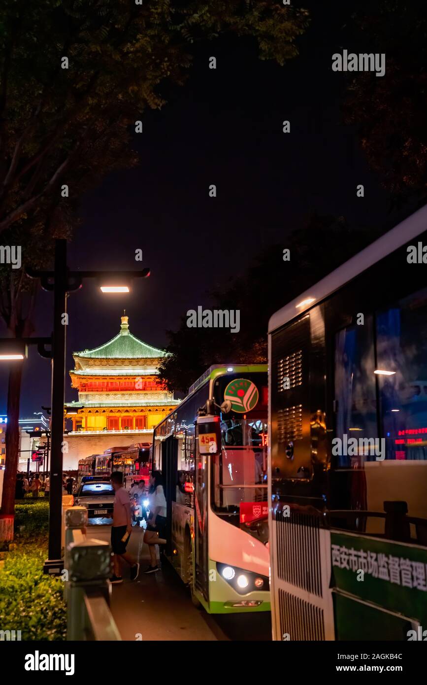 Xian, China - July 2019 : Public buses stopping in front of the ...