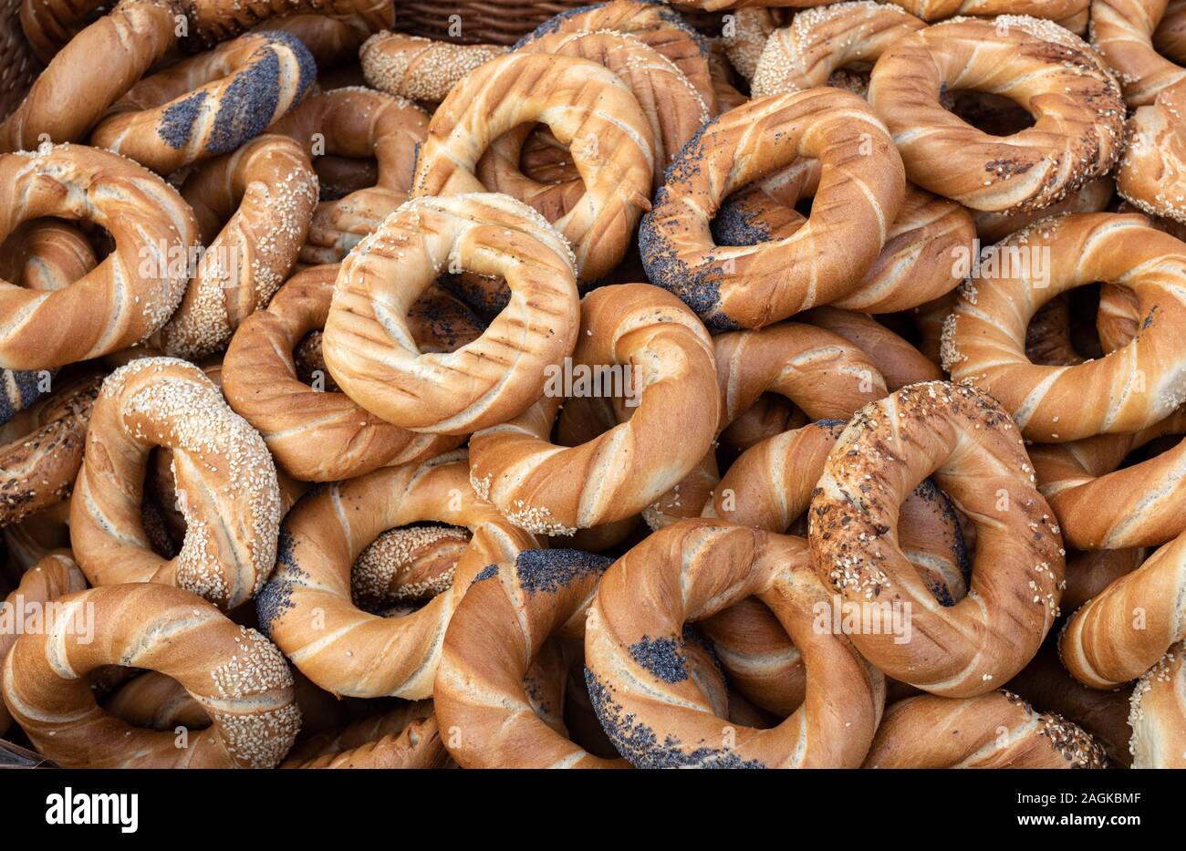 Traditional Cracovian prezels with salt, poppy and sesame seeds Stock ...
